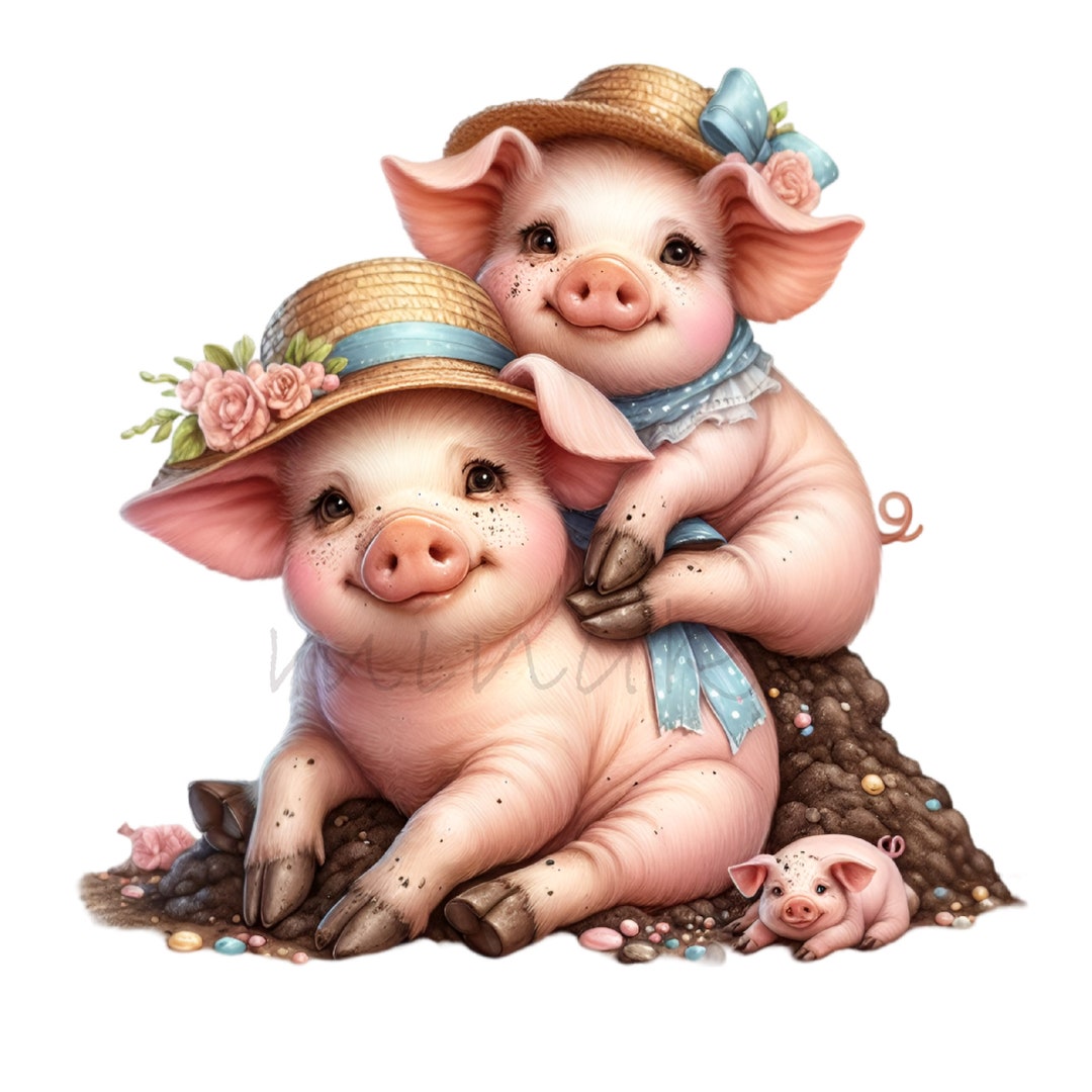 10 Pig Family PNG Clipart | Cute Pigs in Straw Hats | Whimsical Farm ...