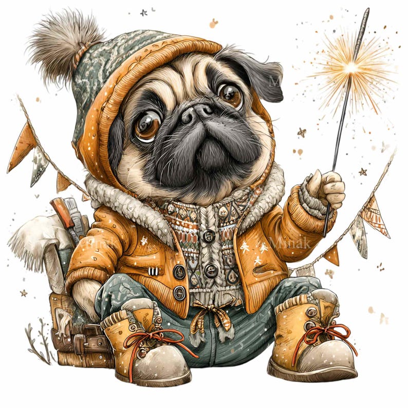 12 PNG Winter Pug – New Year Dog PNG Clipart – Cute Festive Pet With ...