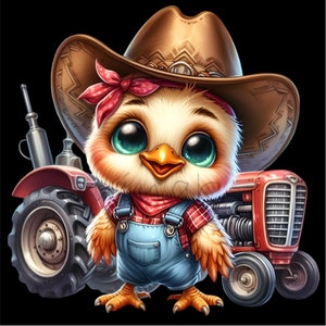 12 Farm Chicken Clipart PNG, Cute Chick With Straw Hat on Red Tractor ...