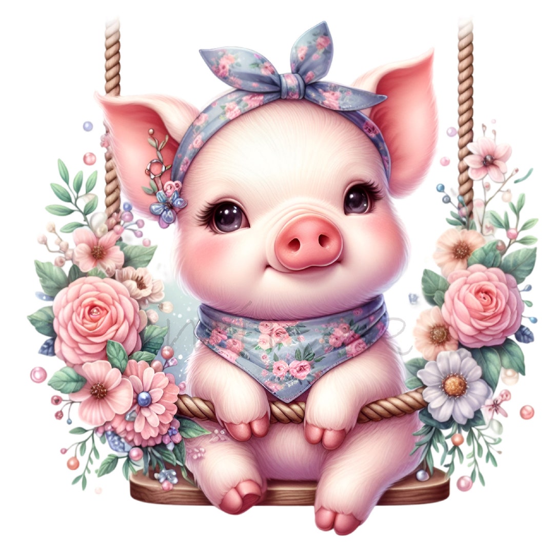14 Piglet Clipart on Swing With Floral Accents, Cute Digital PNG for ...