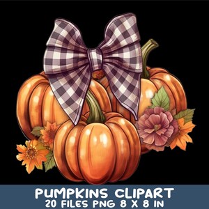 Autumn Pumpkin Clipart With Plaid Bow and Flowers 20 Fall Harvest PNG ...