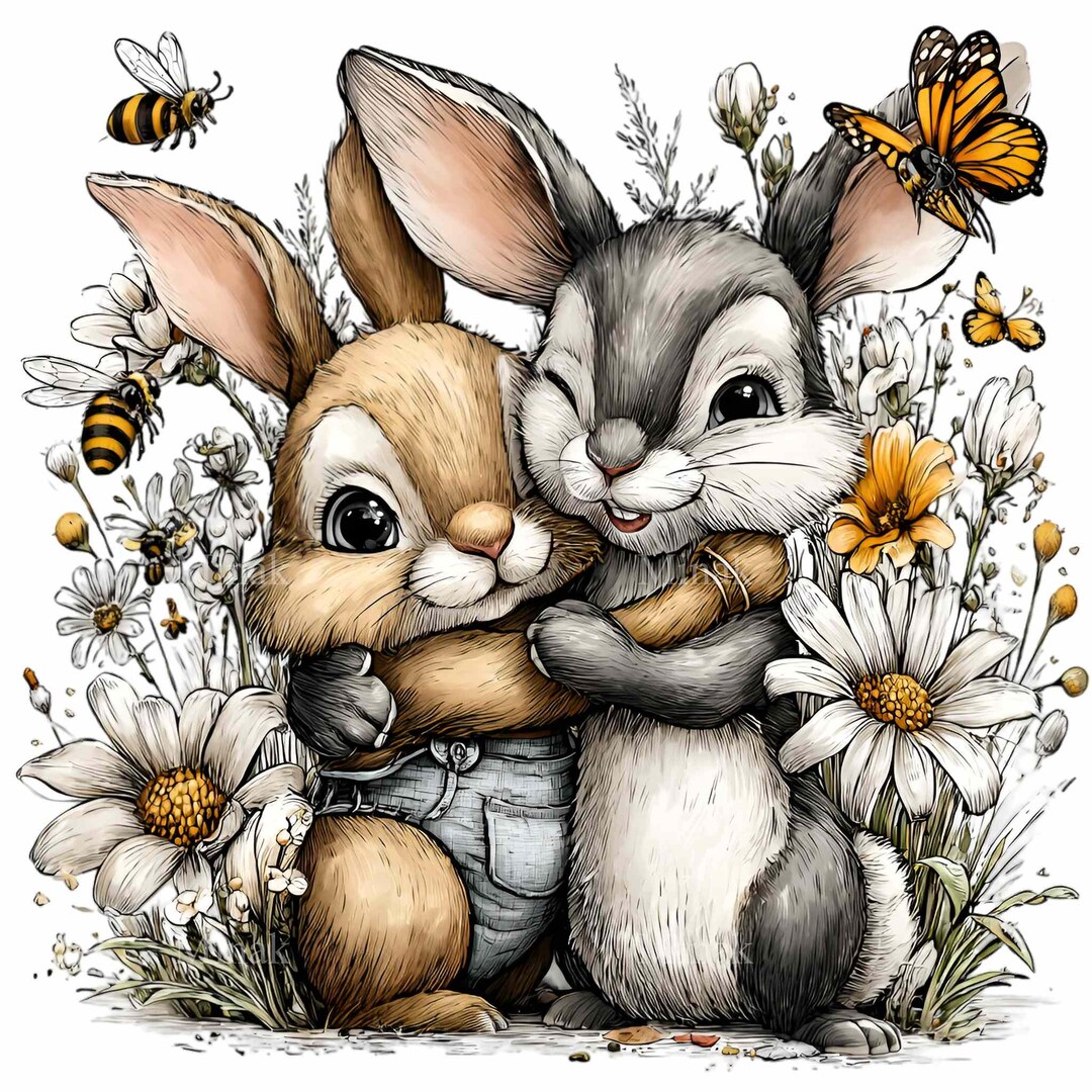 10 PNG Bunny Friends Clipart – Hugging Rabbits Art for Crafts, Cards ...