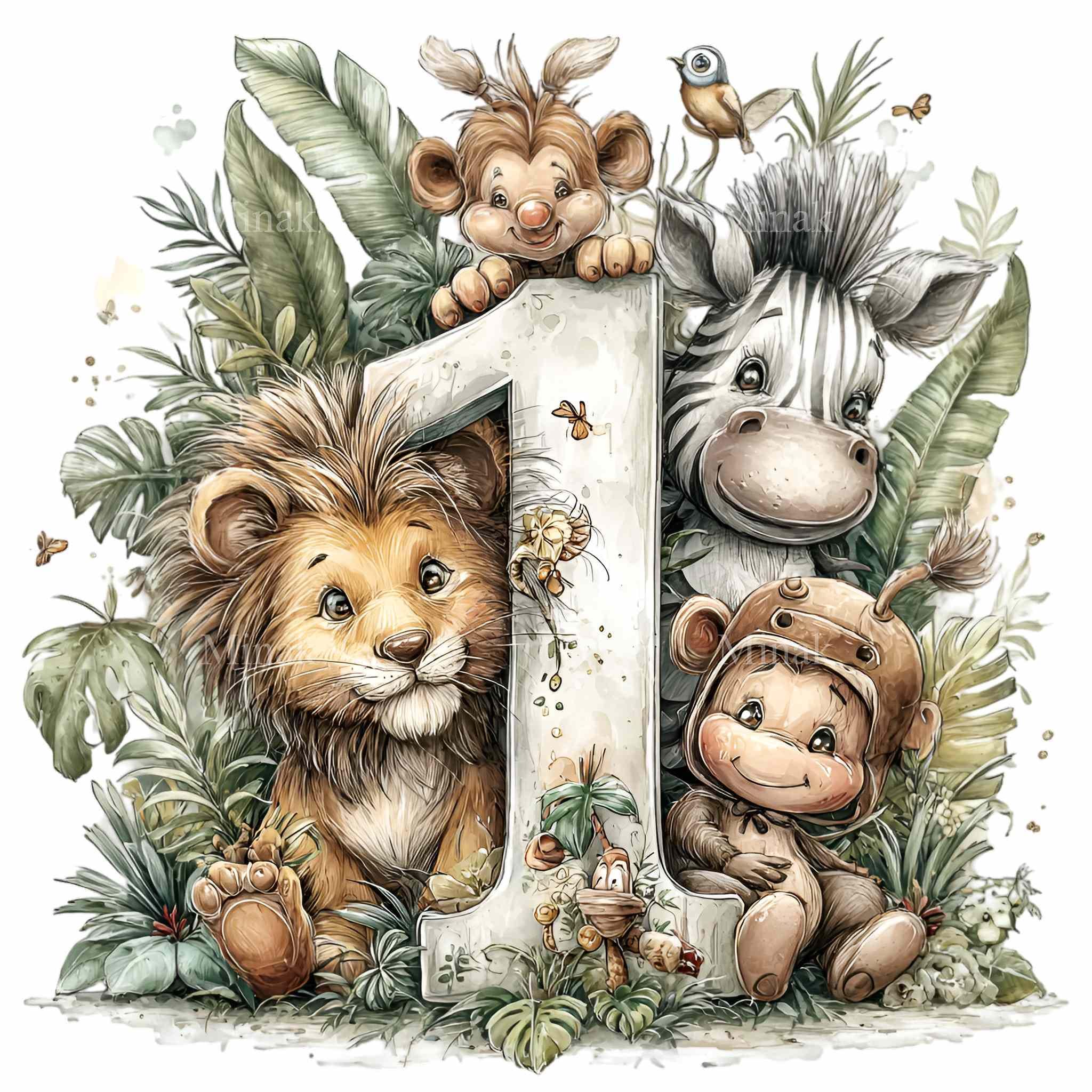 12 PNG Jungle Animals Number 1 Clipart – Safari First Birthday PNG for ...