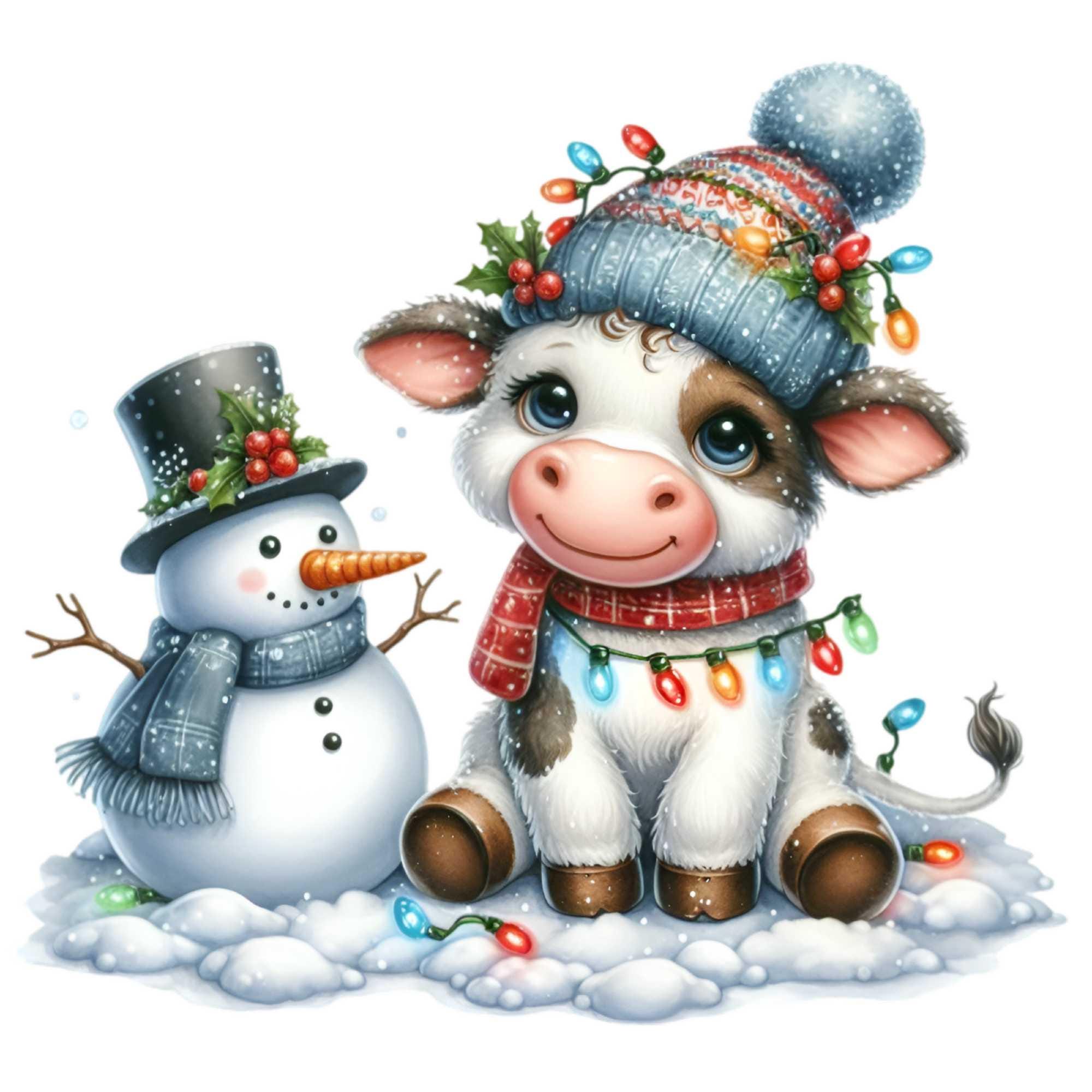12 PNG Cute Christmas Calf Clipart, Baby Cow in Winter Hat PNG, Cartoon ...