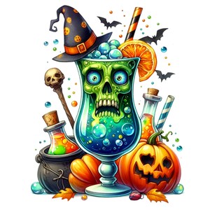 Bubbling Halloween Potions With Skulls and Pumpkins Watercolor Clipart ...