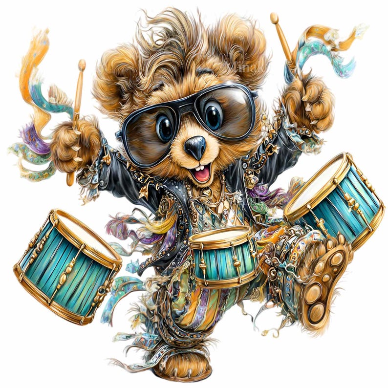 15 PNG Drummer Bear Clipart, Rock Music Character Illustration ...