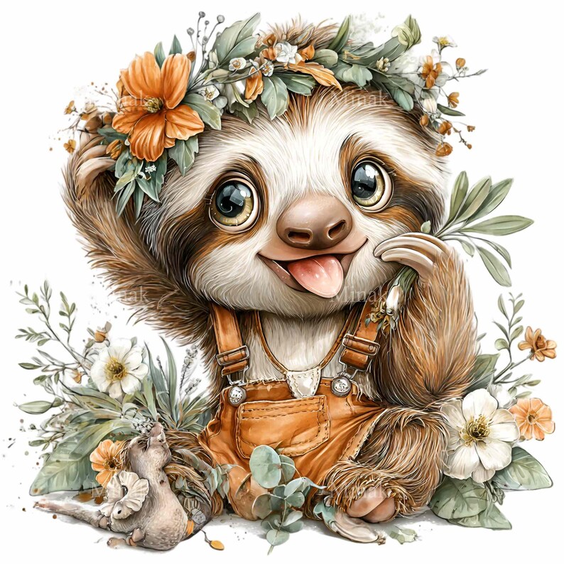14 PNG Sloth Clipart Floral Portrait Illustration, Watercolor Woodland ...