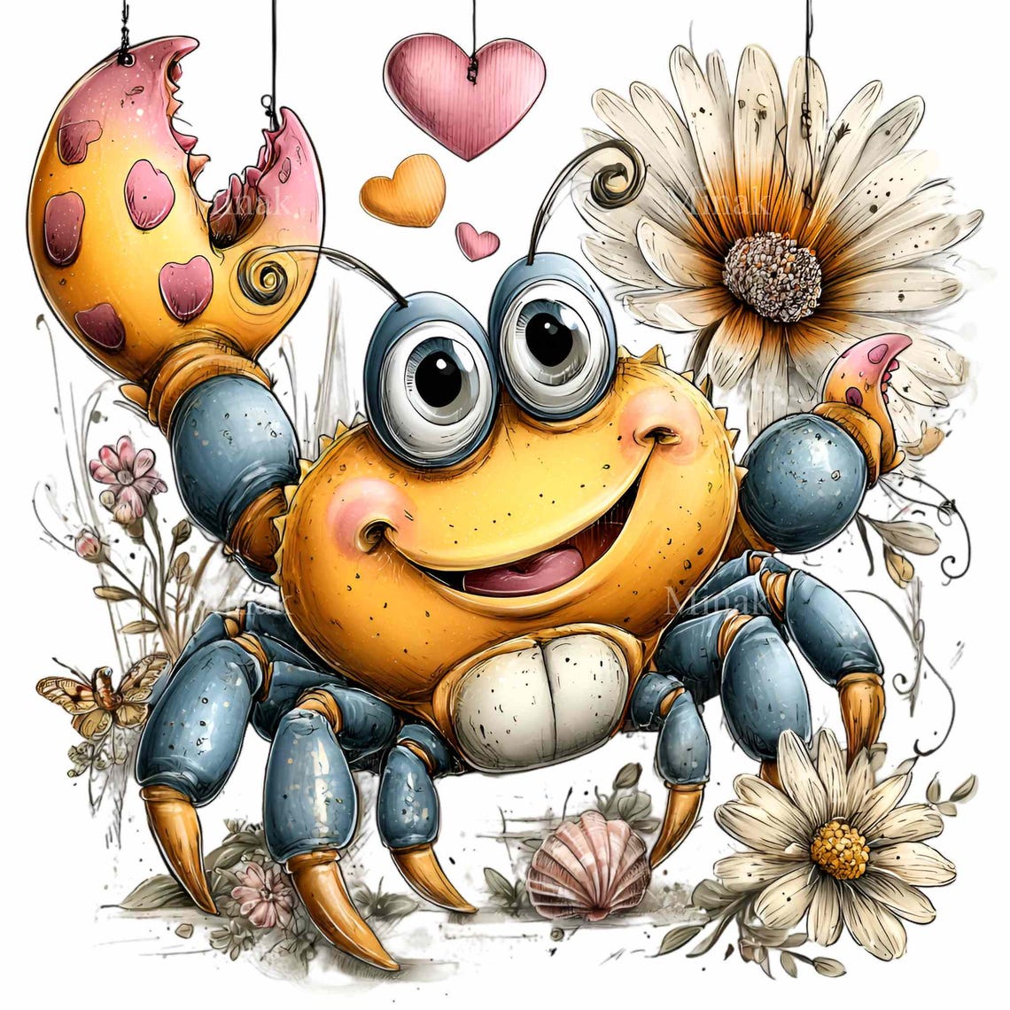 14 PNG Floral Crab Clipart – Cute Sea Animal PNG – Beach Ocean With ...