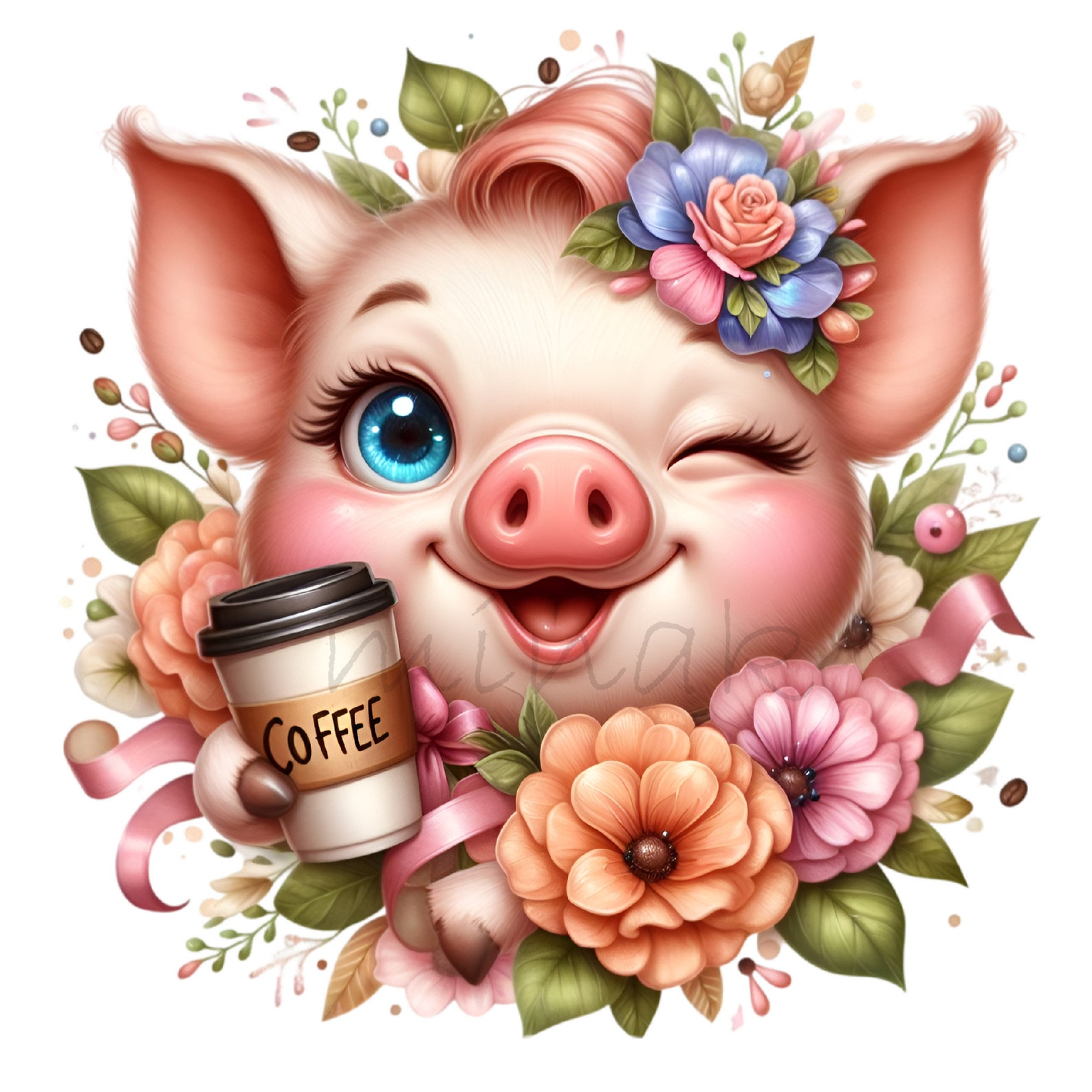 Floral Coffee Pig Clipart, Cute Piggy With Flower Crown and Coffee Cup ...