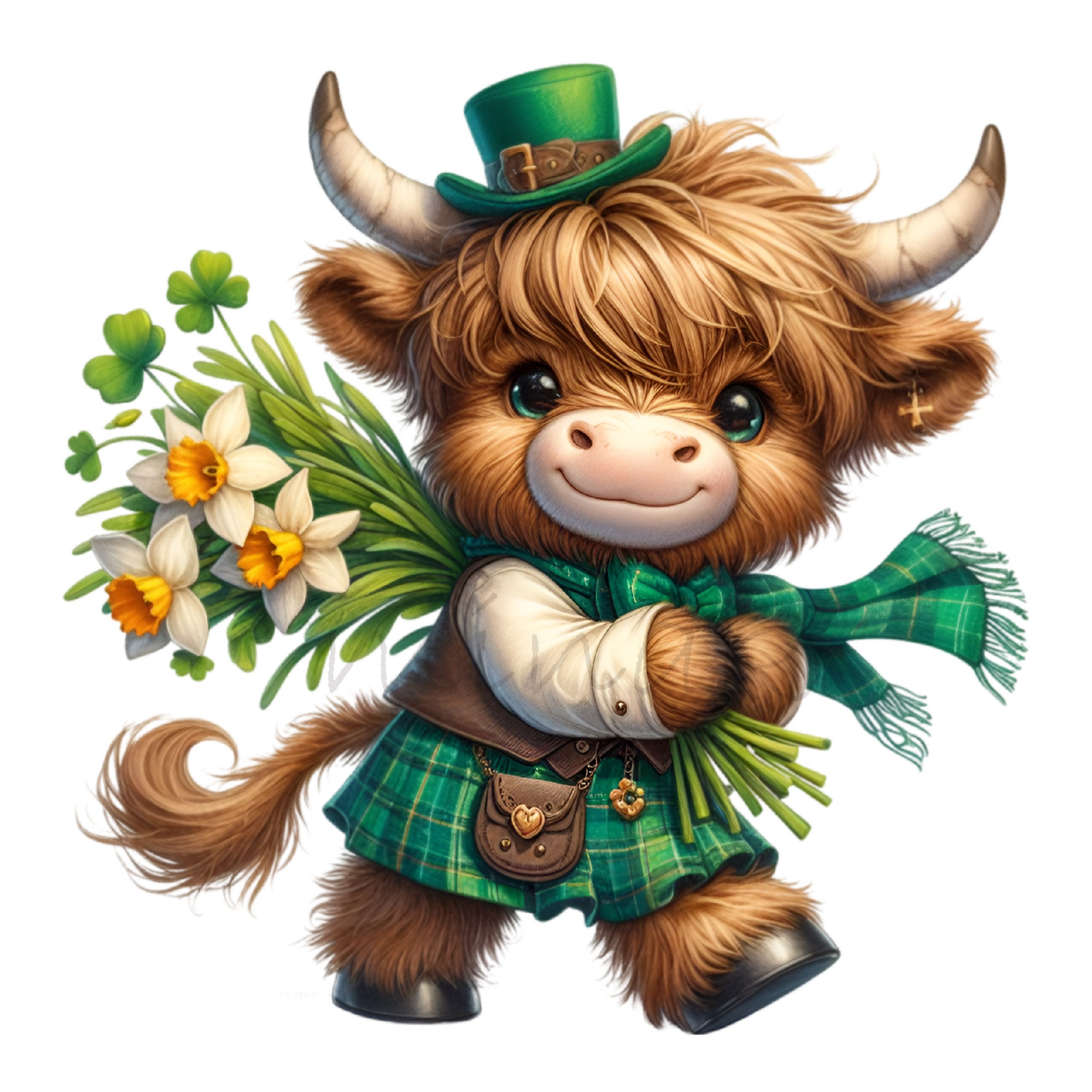 12 PNG Highland Cow Clipart, Green Floral Calf Illustration, Spring ...