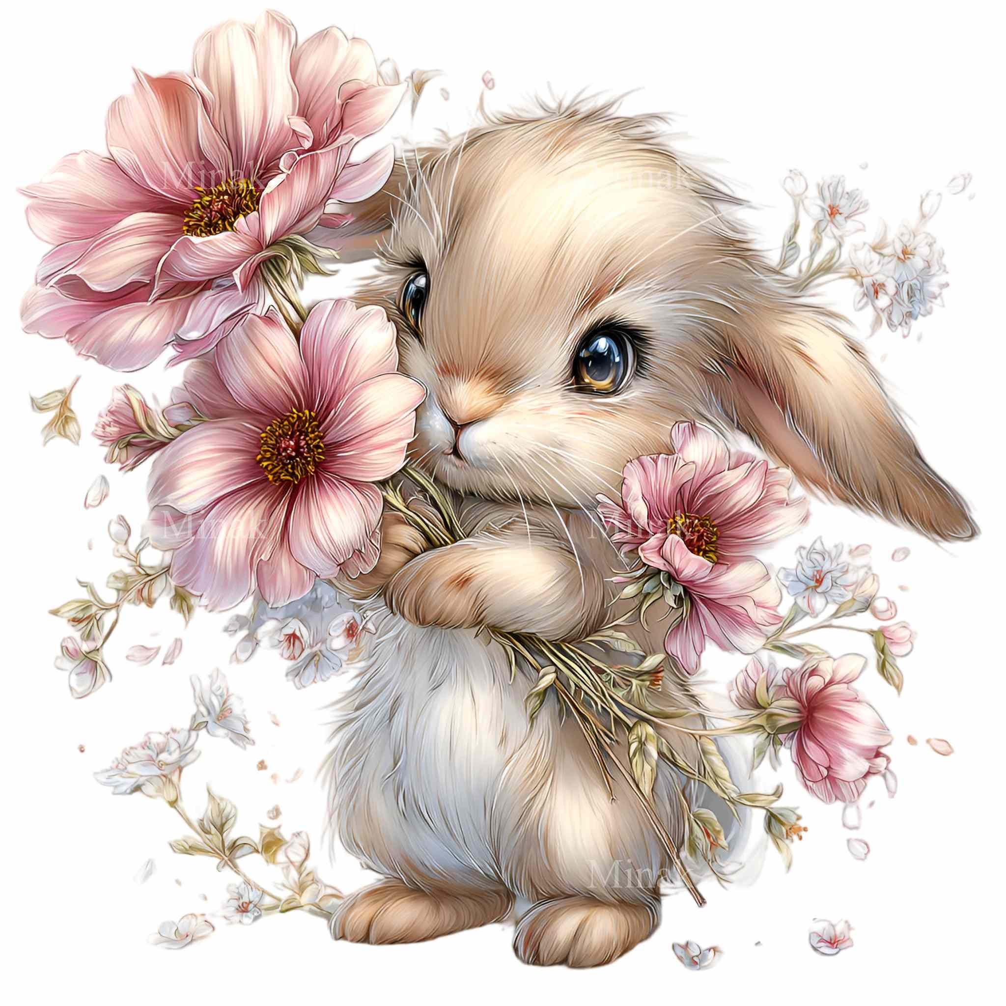 10 PNG Floral Bunny Clipart – Spring Rabbit With Rose Bouquet for ...