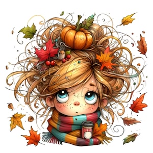 Funny Girl Fall Leaves Autumn 14 PNG Graphics Cartoon Illustration ...