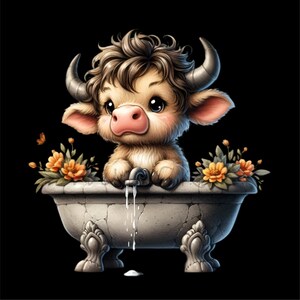 15 Cute Highland Cow in Bathtub Clipart PNG | Baby Bull Bath Time With ...