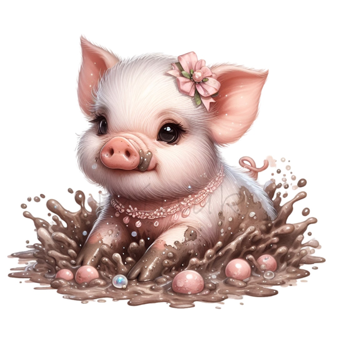 10 Piglet PNG Clipart in Mud With Pink Bow and Pearls, Cute Digital PNG ...