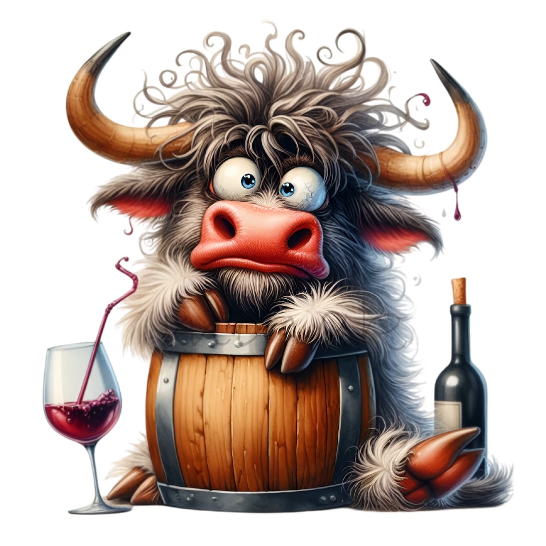 Funny Highland Cow With Wine Clipart PNG - 15 Cute Bull With Wine ...