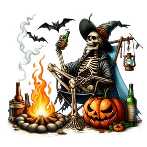 Skeleton Camping Halloween Clipart PNG 14 Spooky Campfire Scene With ...