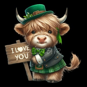15 Cute Highland Cow PNG, St. Patrick’s Day Cow in Green Kilt and Hat ...