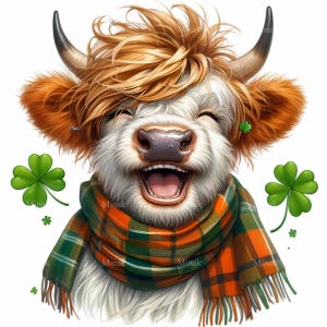 Cute Irish Cow PNG Clipart With Plaid Scarf and Shamrocks | 12 Adorable ...