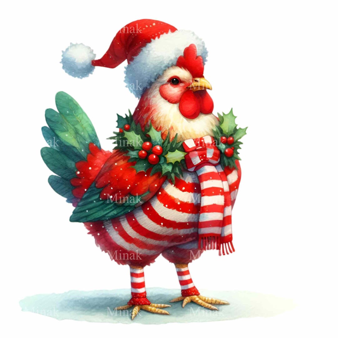 Christmas Chicken PNG Clipart, 12 Festive Hen in Santa Hat and Scarf ...