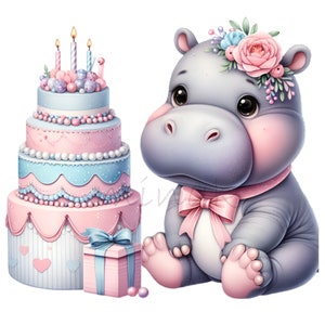 Birthday Hippopotamus Clipart, 10 PNG Cartoon Animals Clip Art, Party ...