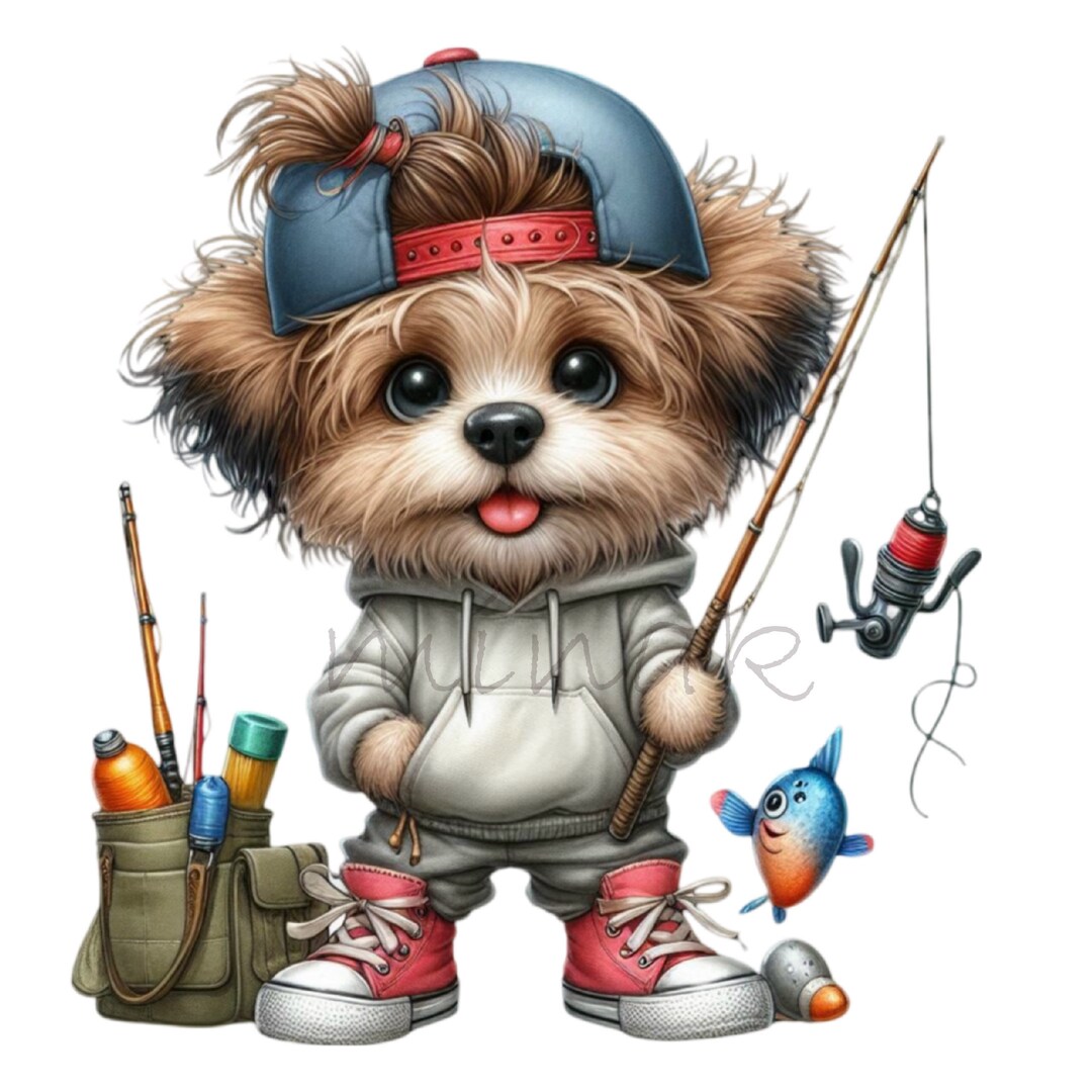 Funny Dog Fishing 12 PNG Cute Fisherman Kids Cartoon Illustration ...