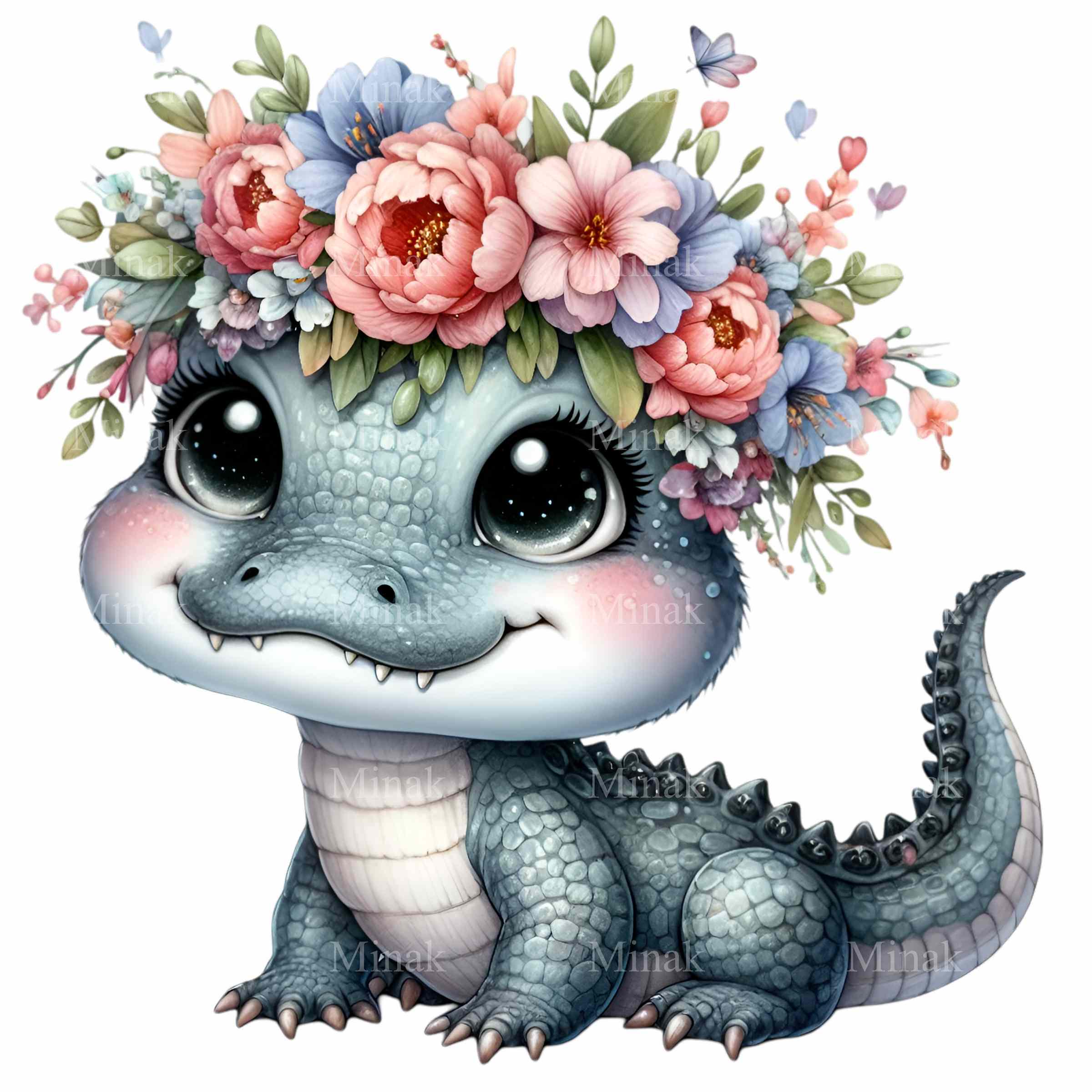 12 Cute Alligator PNG Clipart With Floral Crown and Butterflies | Baby ...