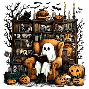 11 Ghost Librarian Reading PNG Clipart – Haunted Library With Candles ...