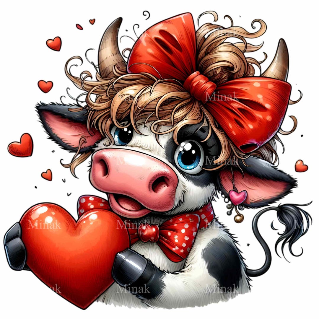 14 Cute Valentine Cow PNG Clipart With Red Bow, Heart and Curly Hair ...