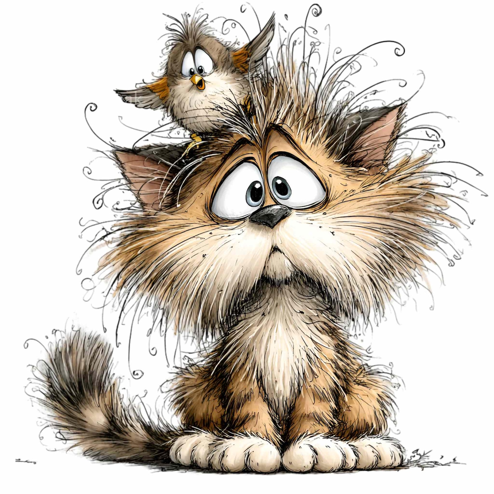 15 PNG Funny Cat Clipart – Cute Scruffy Cat PNG With Bird – Humorous ...