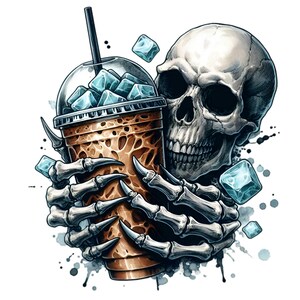 Skeleton Iced Coffee Clipart, 12 Skull Cup Art PNG, Spooky Beverage ...