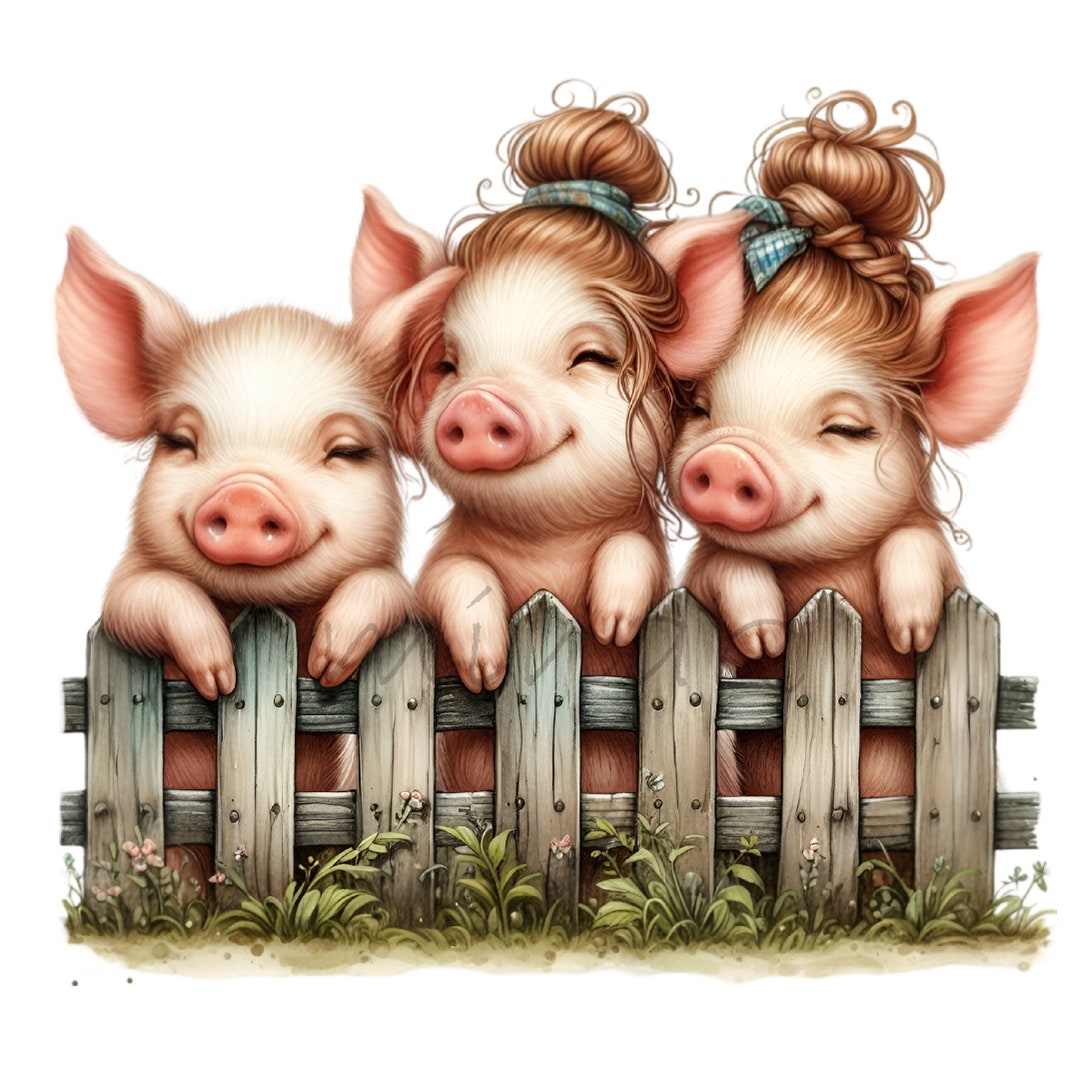 12 Three Pigs Clipart PNG, Cute Piglets on Fence, Farm Animal Clipart ...
