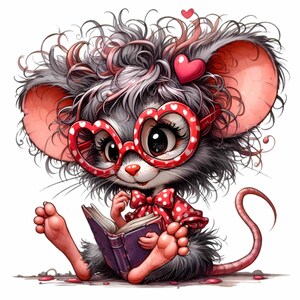 Cute Mouse Reading PNG Clipart With Fluffy Hair, Heart Glasses, and Bow ...