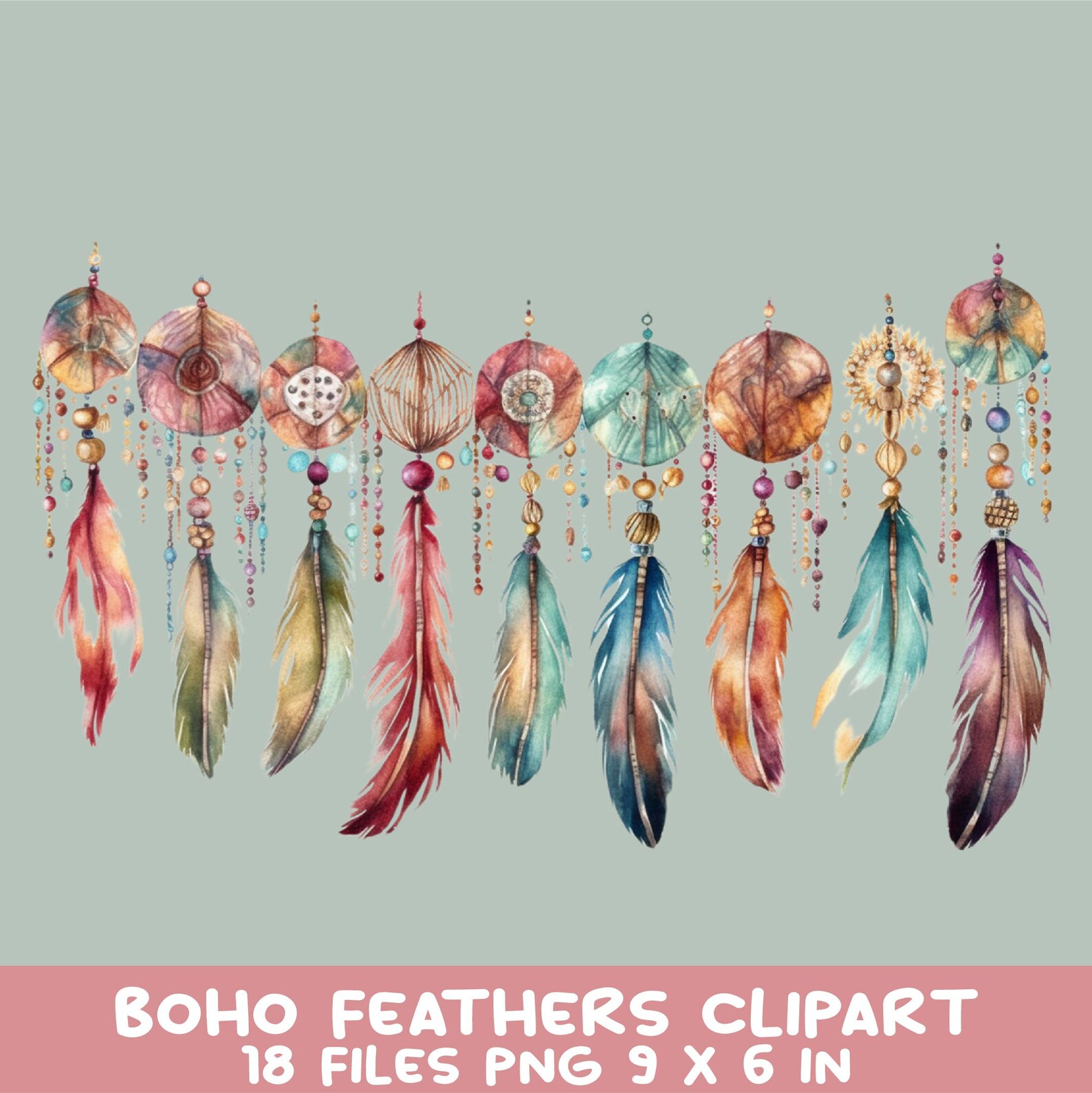 Boho Feathers Clipart Bundles, 18 PNG Watercolor Beaded Plumes Garland ...