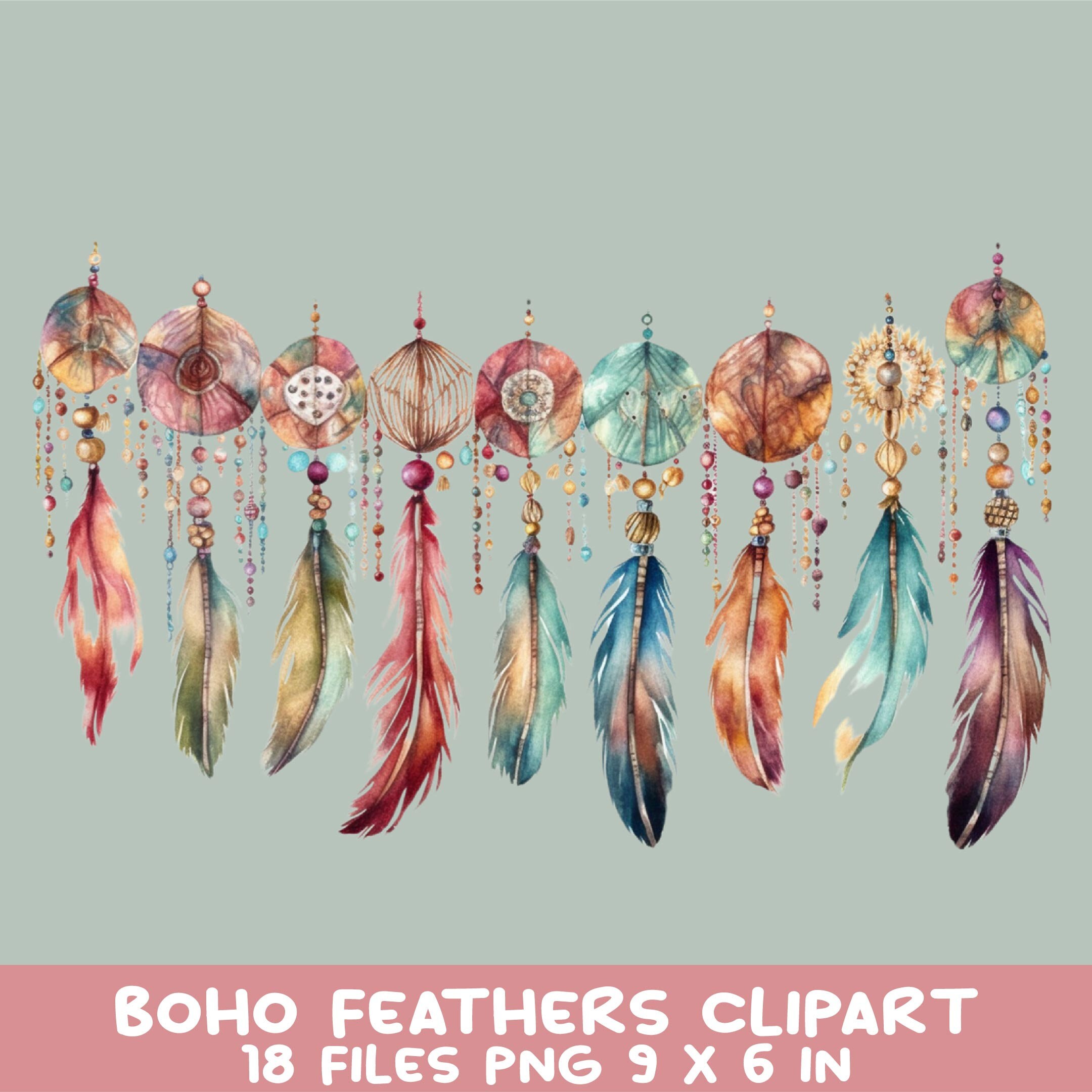 Boho Feathers Clipart Bundles, 18 PNG Watercolor Beaded Plumes Garland ...