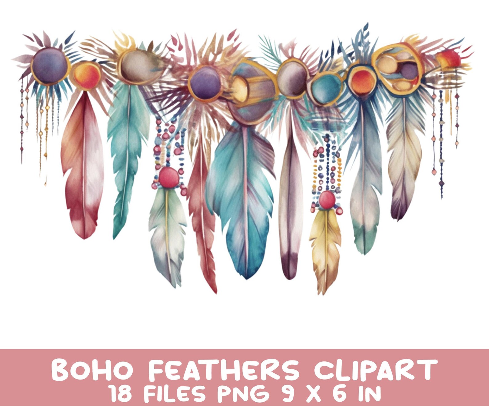 Boho Feathers Clipart Bundles, 18 PNG Watercolor Beaded Plumes Garland ...