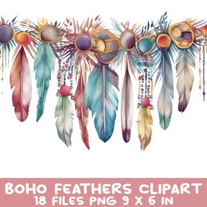 Boho Feathers Clipart Bundles, 18 PNG Watercolor Beaded Plumes Garland ...