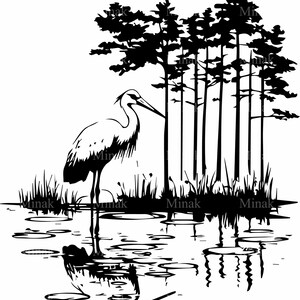 8 SVG Water Bird in Wetland SVG Cut File | Heron Lake Scene With Trees ...