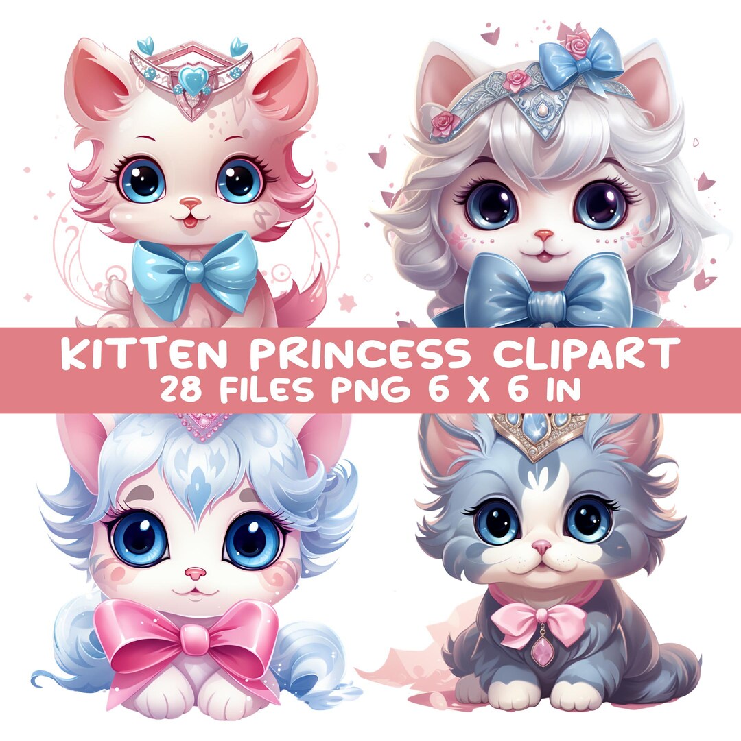 Princess Cat Clipart Bundle 28 PNG Watercolor Kitten Nursery for ...