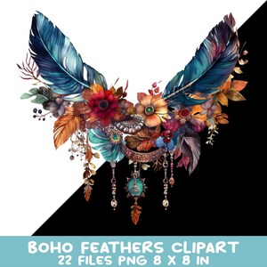 Feathers Clipart Bundles, 22 PNG Boho Watercolor Beaded Plumes Garland ...