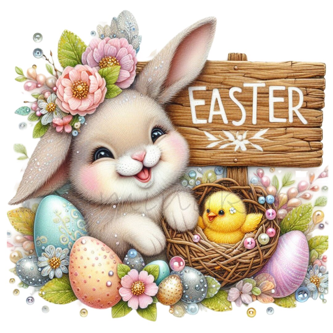 Rabbit Clipart, Chick Clipart, Easter Sign Clip Art, 15 PNG Watercolor ...