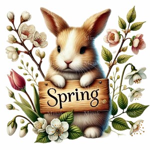 14 Spring Bunny PNG Clipart - Adorable Rabbit With Blossoms and Wooden ...