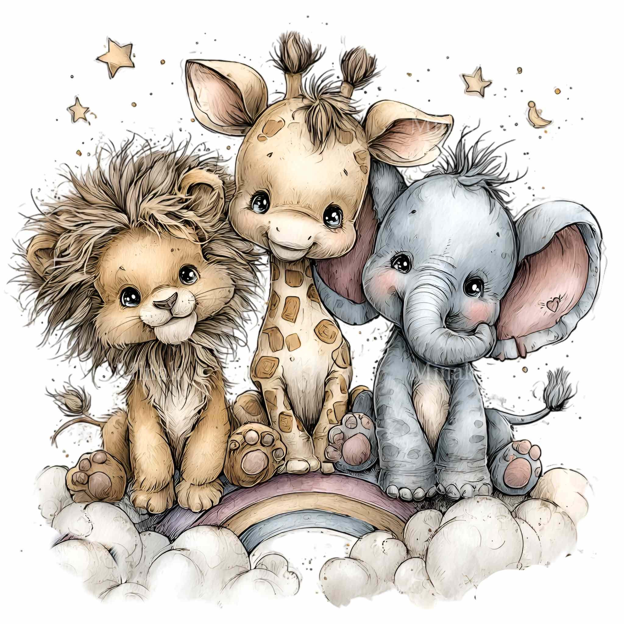 12 PNG Safari Baby Animals Clipart – Lion Giraffe Elephant PNG – Jungle ...