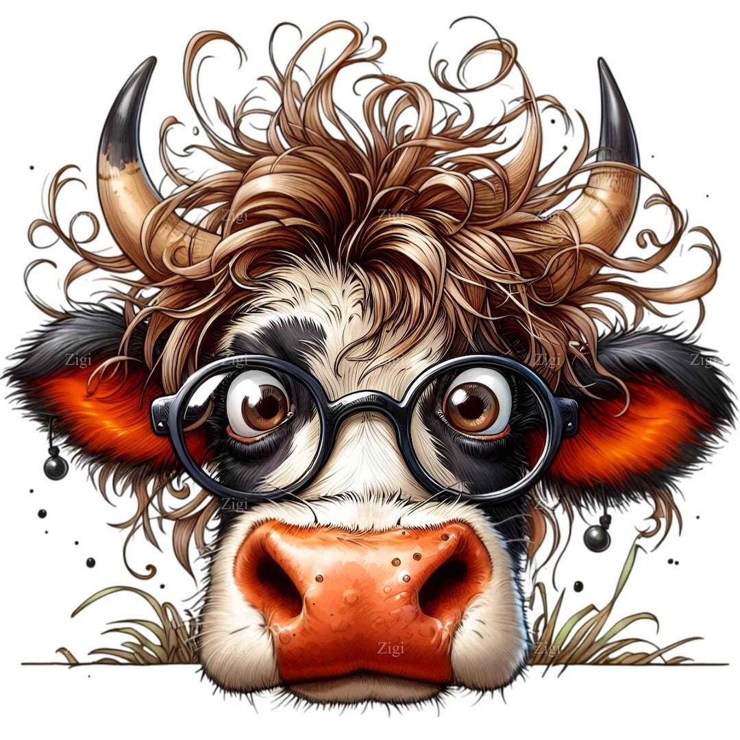 Curly Haired Cow With Glasses PNG Clipart | 14 Cute Farm Animal Art ...