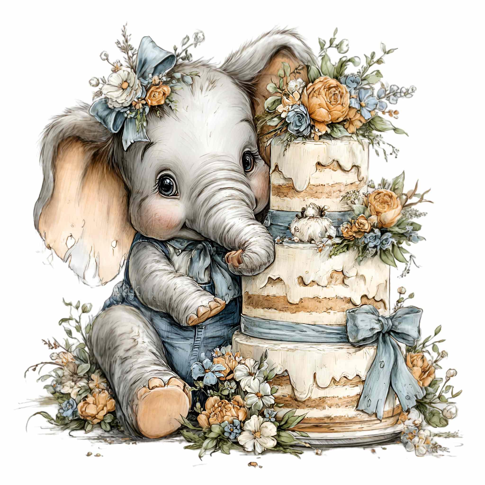 15 PNG Birthday Elephant Clipart – Cute Baby Animal PNG – Floral Cake ...