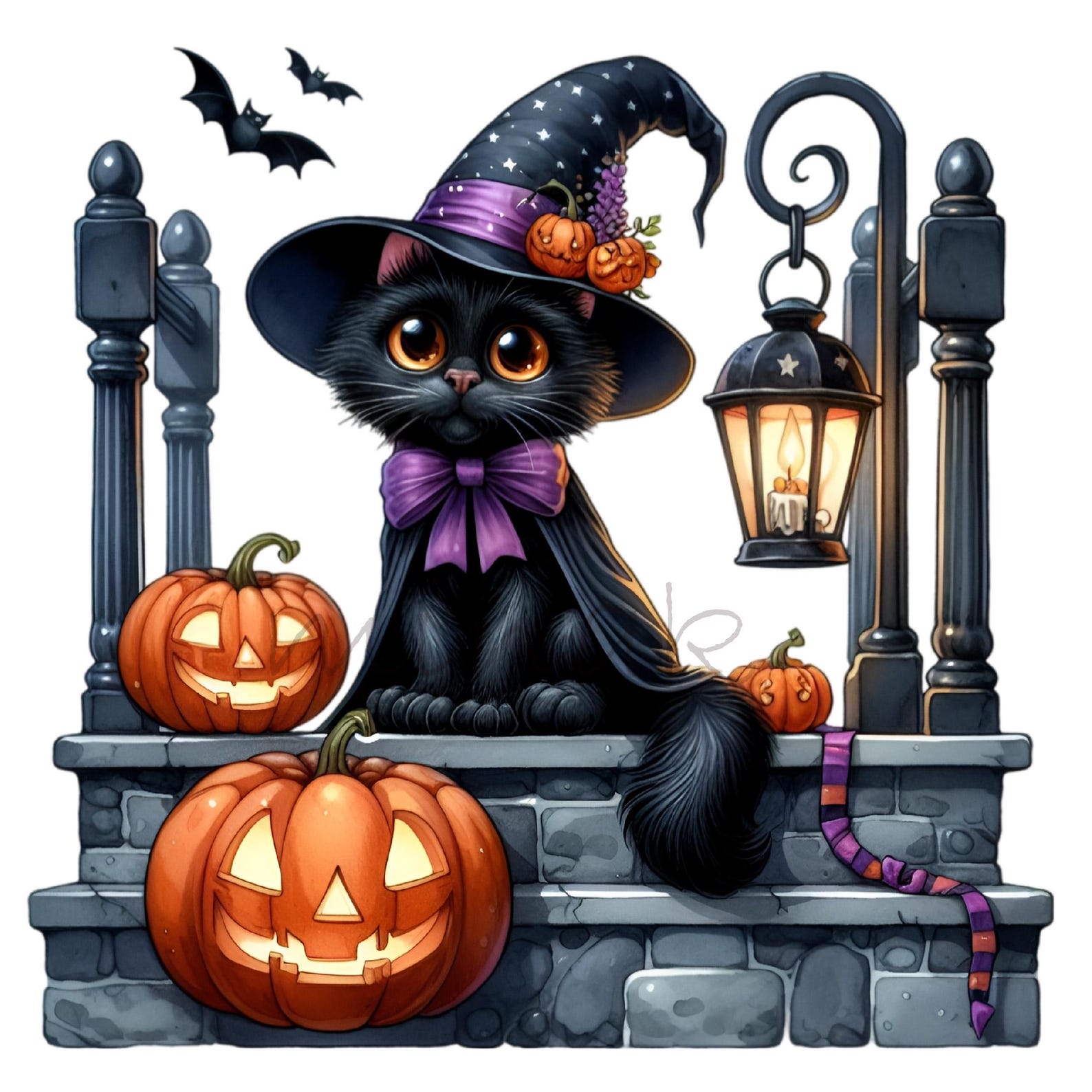 Spooky Cat in Ghost Costume With Pumpkins 12 Halloween Clipart PNG for ...