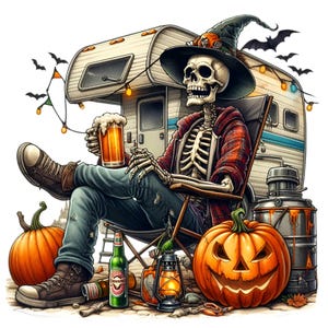Spooky Skeleton Camper Clipart PNG 12 Halloween Road Trip With Pumpkin ...