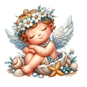 12 PNG Angel Baby Clipart, Sleeping Cherub Sea Shell Heavenly Nursery ...