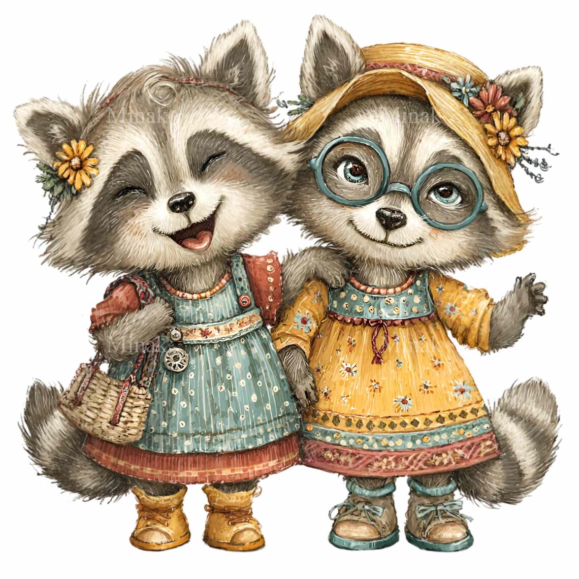 15 PNG Raccoon Friends Clipart – Cute Watercolor PNG – Spring Animal ...