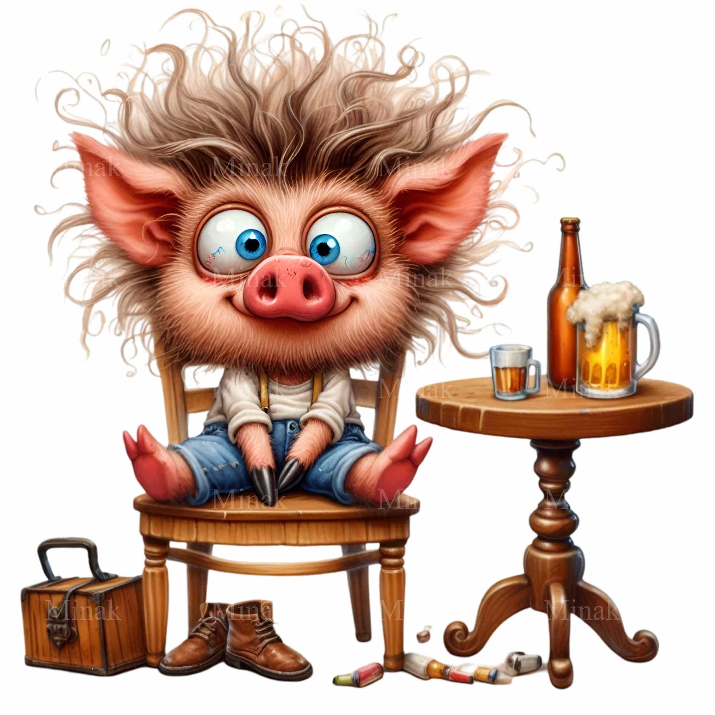 12 PNG Funny Drunk Pig With Beer Clipart, Cute Tipsy Piglet Drinking ...