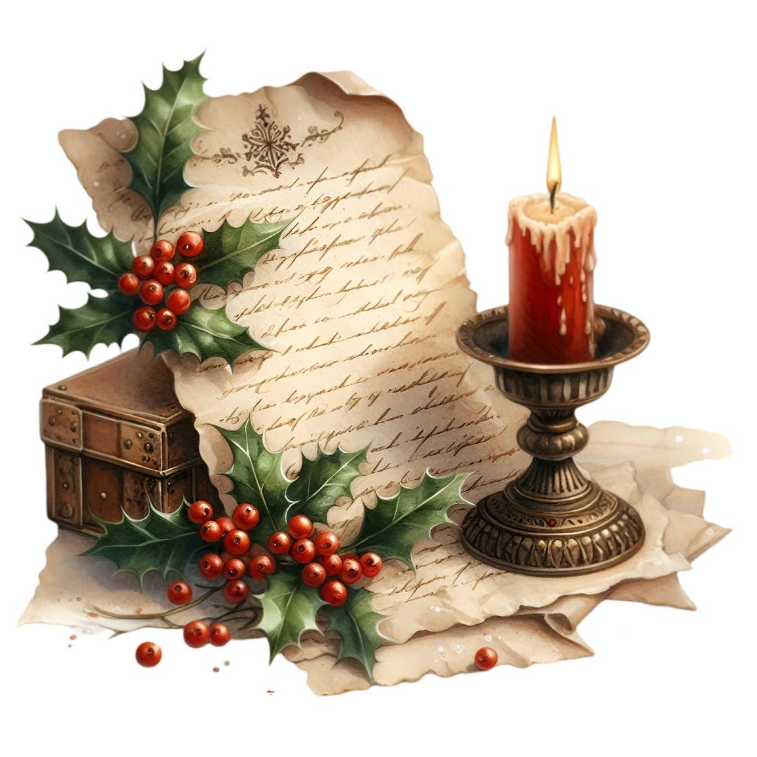 Vintage Christmas Letter With Holly and Candle Watercolor Clipart 15 ...